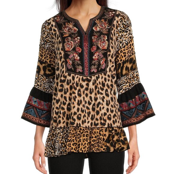 Calessa | Tops | Calessa Embroidered Animal Print Boho Style Womans ...